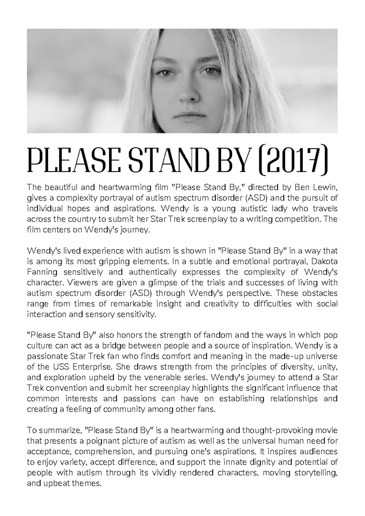 Please stand by 2017 - reaction paper - The beautiful and heartwarming film "Please Stand - Studocu