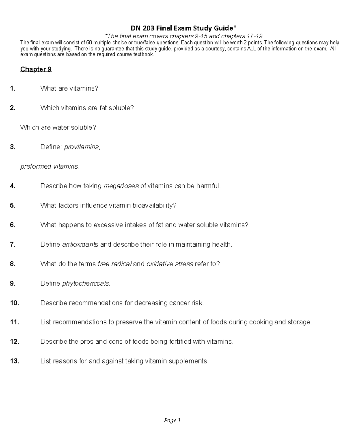 DN 203 Final Exam Study Guide - The final exam covers chapters 9-15 and ...