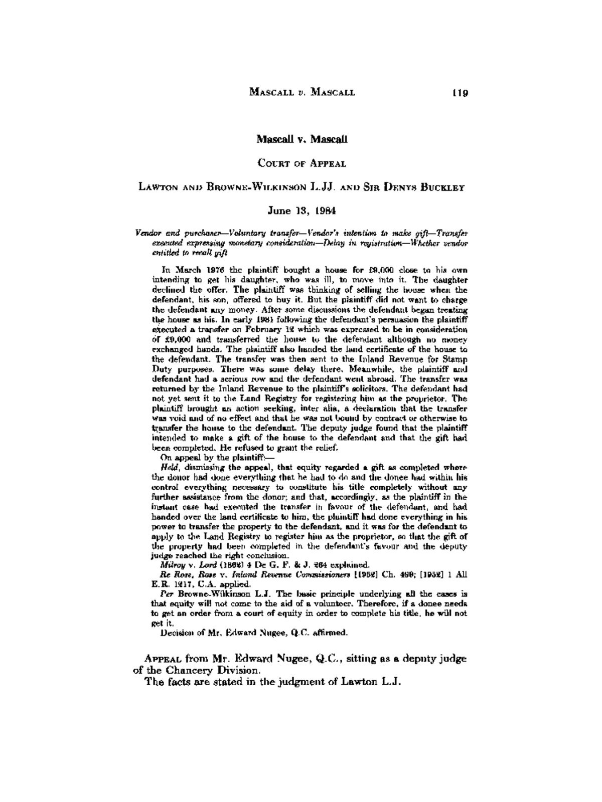 (1985) 50 P. + C - Cases to be discussed - MASCALL v. MASCALL 119 ...