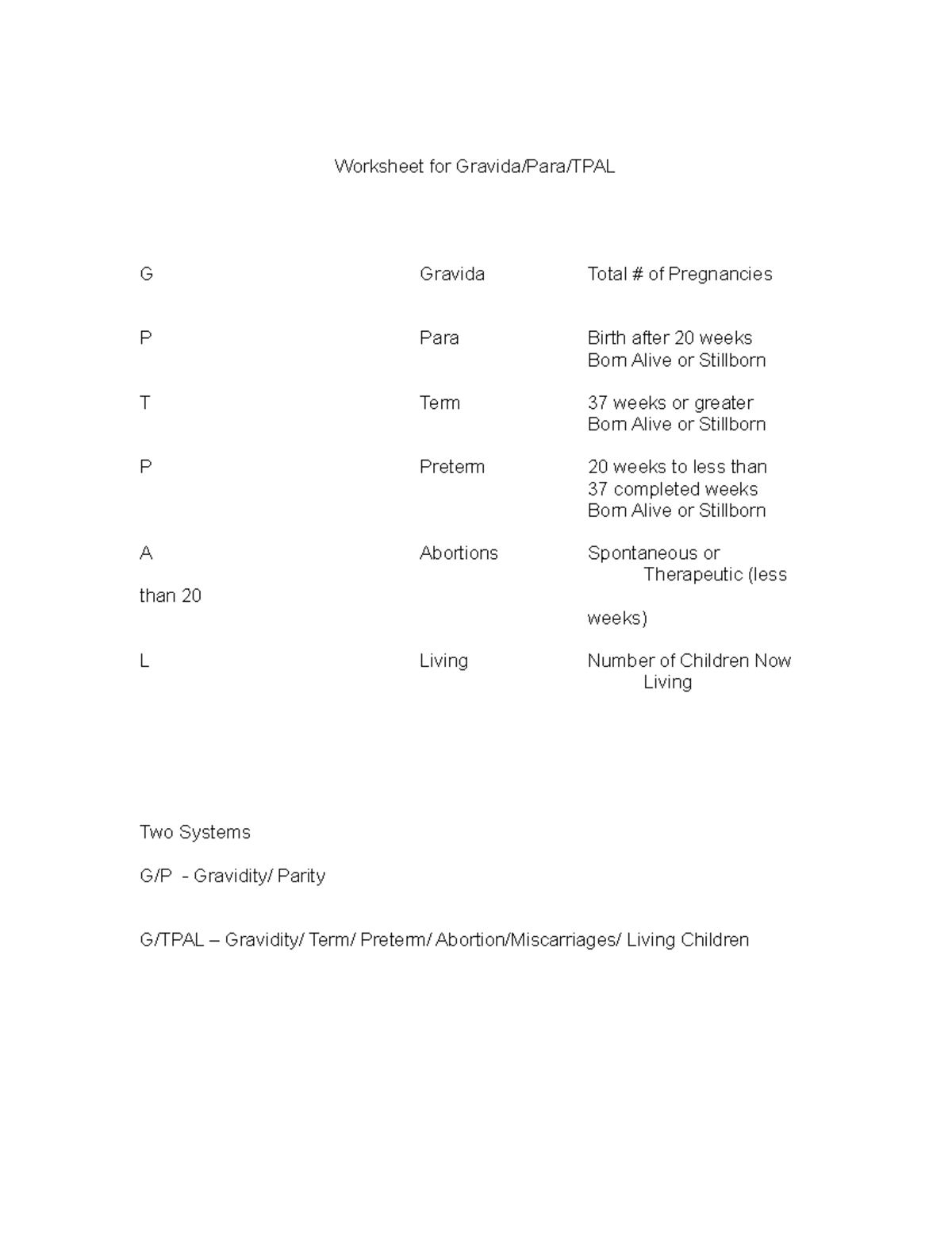 G T P AL Worksheet - Worksheet for Gravida/Para/TPAL G Gravida Total ...