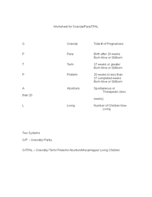 G T P AL Worksheet - Worksheet for Gravida/Para/TPAL G Gravida Total ...