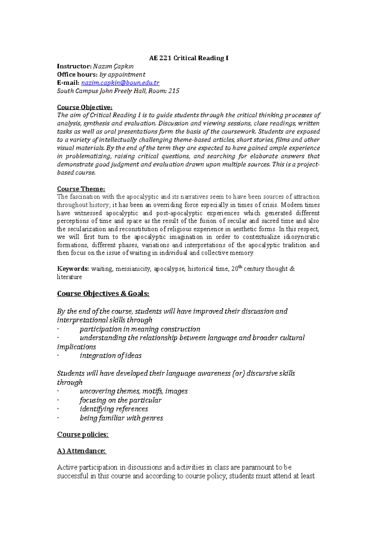 AE 221 Fall 2023 - Syllabus - AE 221 Critical Reading I Instructor ...