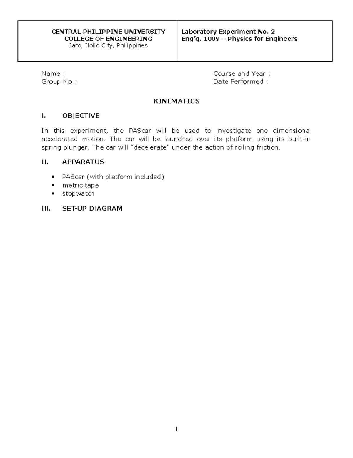 [File] Laboratory Experiment No. 2 - Kinematics - COLLEGE OF ...