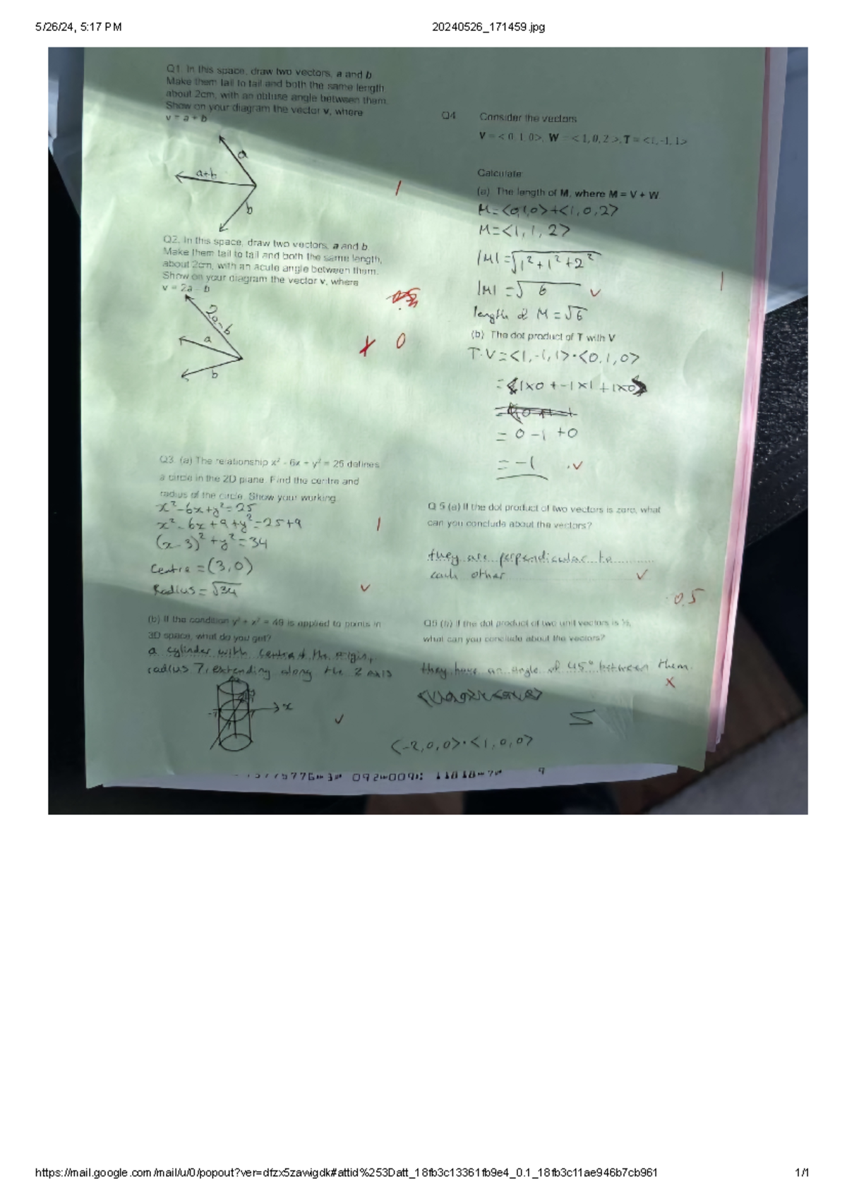 Quiz 1 maths 1 2024 - 33130 - 5/26/24, 5:17 PM 20240526_171459 - Studocu