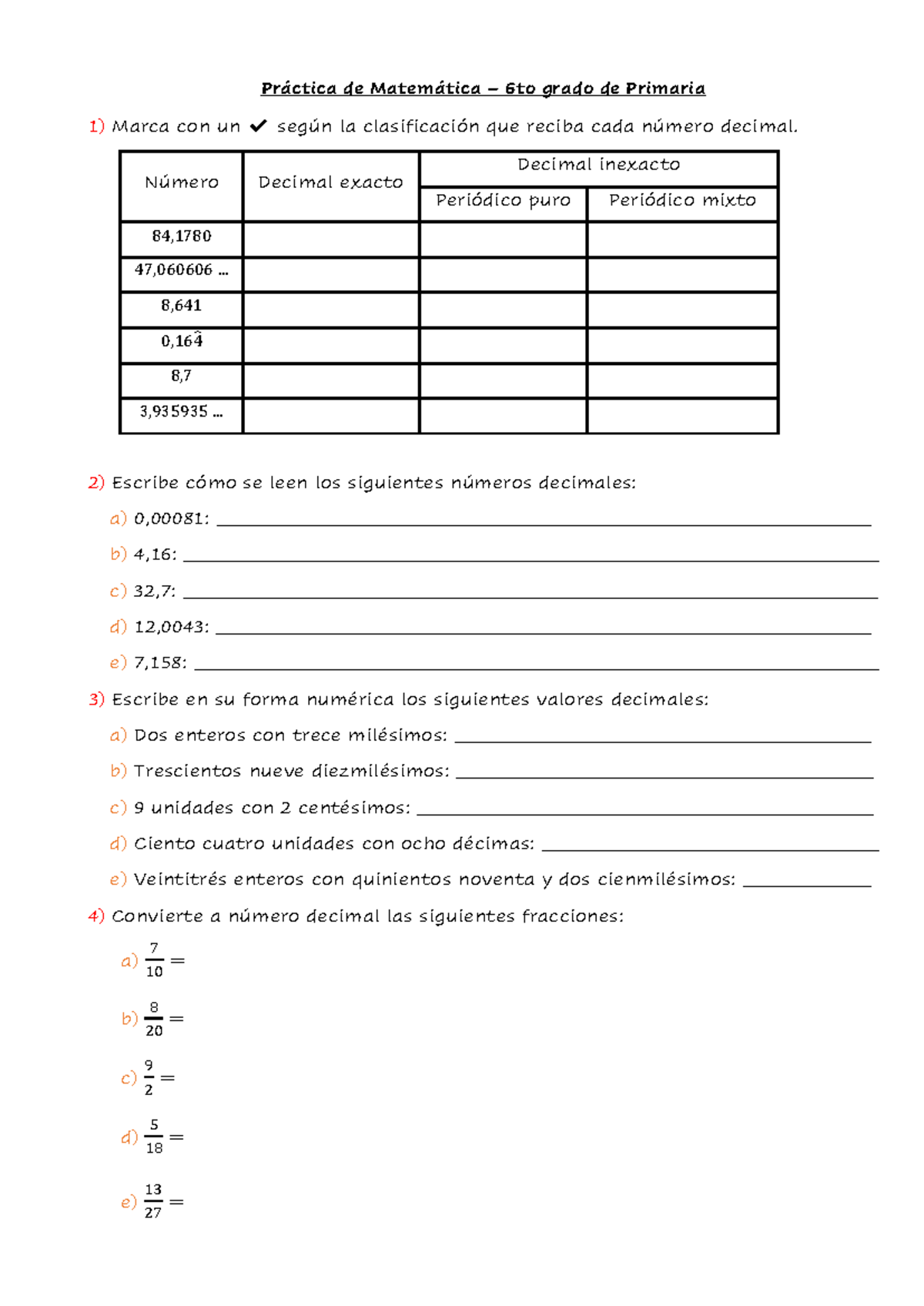 Clasificación de números decimales - 6to - IV - Práctica de Matemática ...