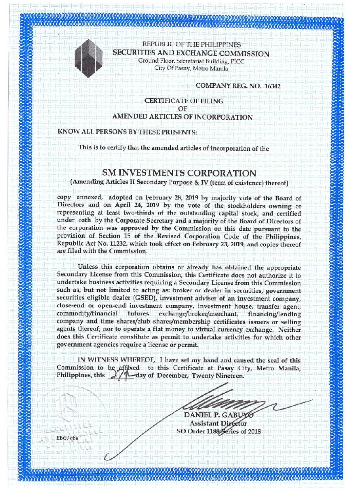 SMIC - Amended AOI dated 27 December 2019 opt - BS accountancy - Studocu