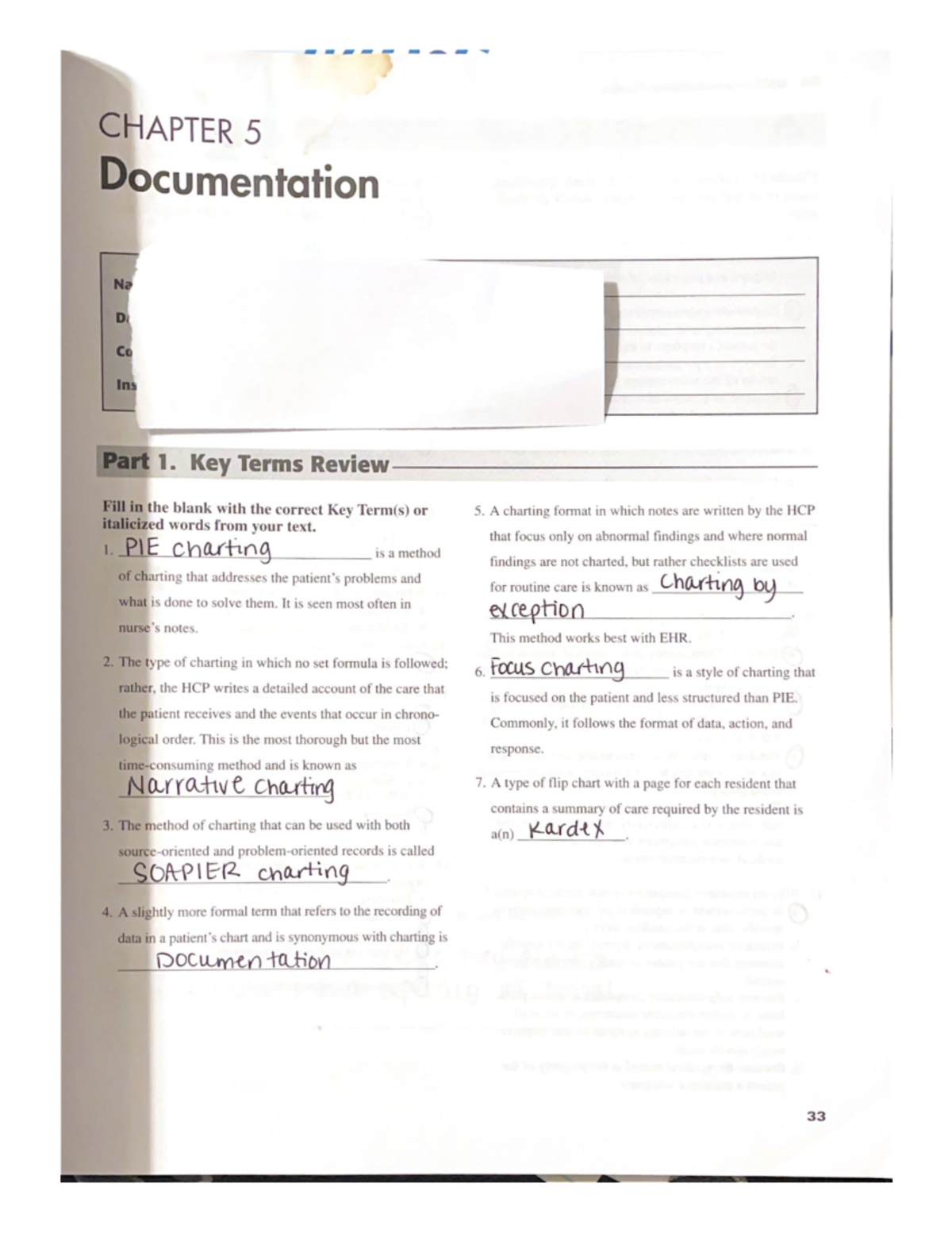 Chapter 5 Documentation - CHAPTER 5 Documentation Na D. Co Ins Part 1. Key Terms Review Fill in ...