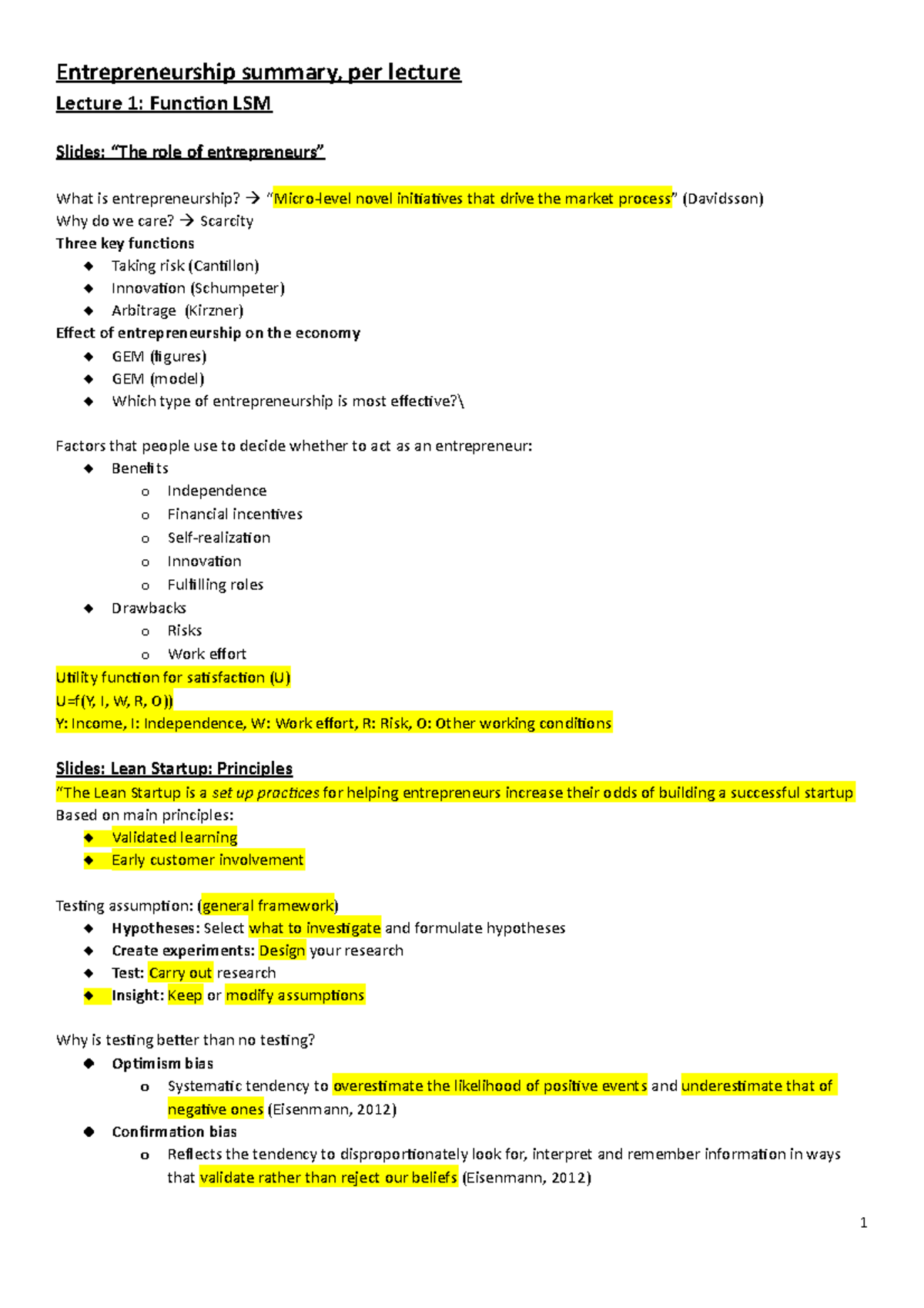 Entrepreneurship Summary 2020 - Entrepreneurship summary, per lecture ...