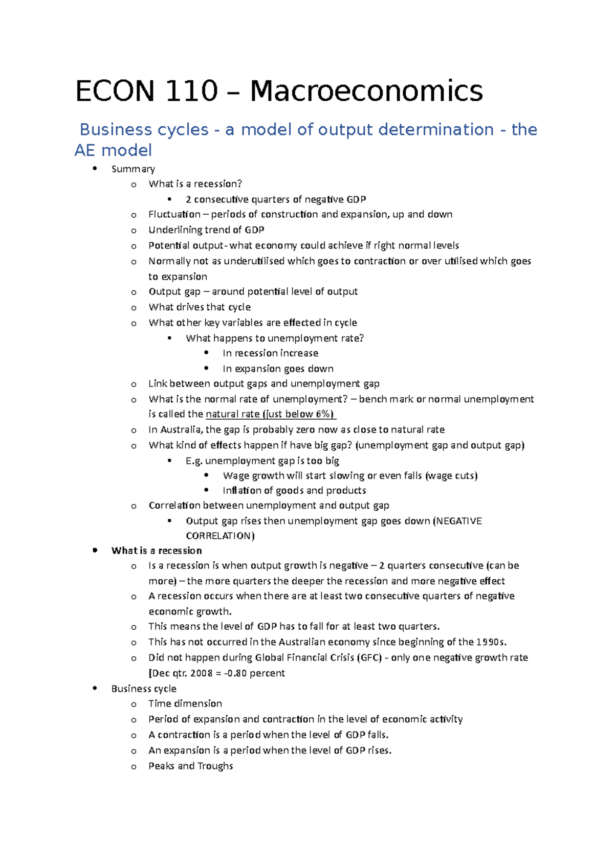 ECON 110 - Week 4 lecture - ECON 110 – Macroeconomics Business cycles ...