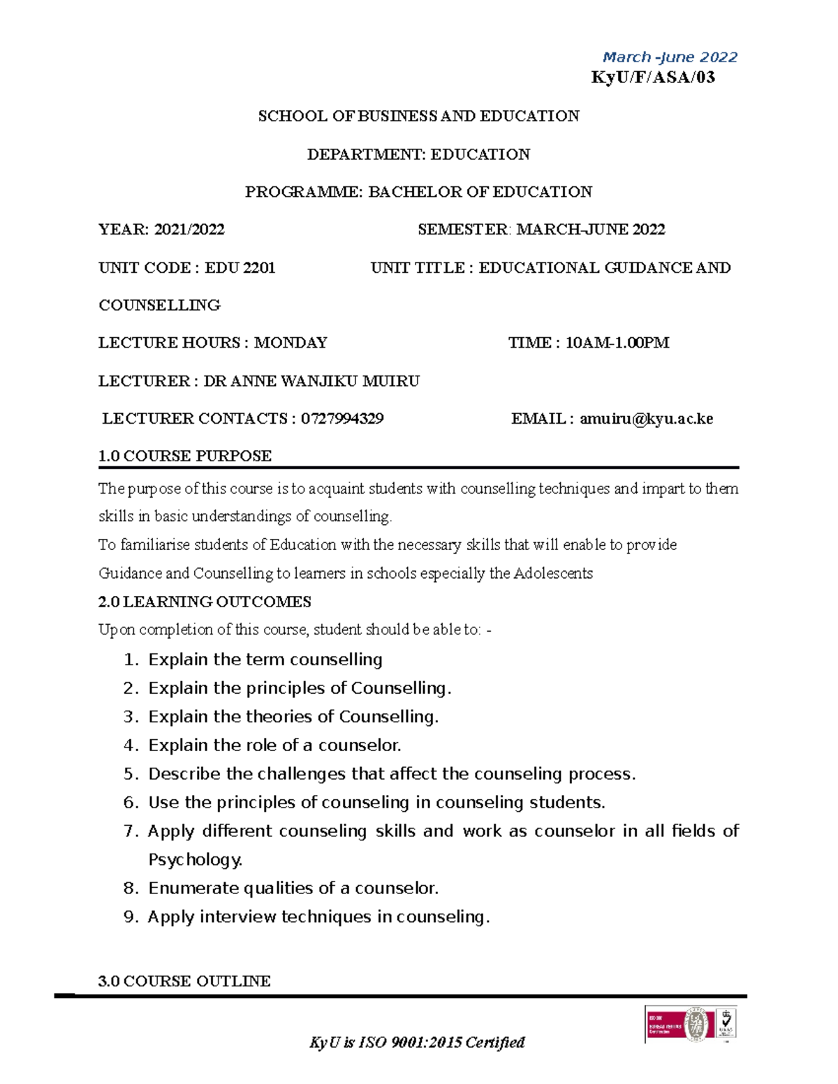 Educational Guidance AND Counselling Course Outline - KyU/F/ASA/ SCHOOL ...