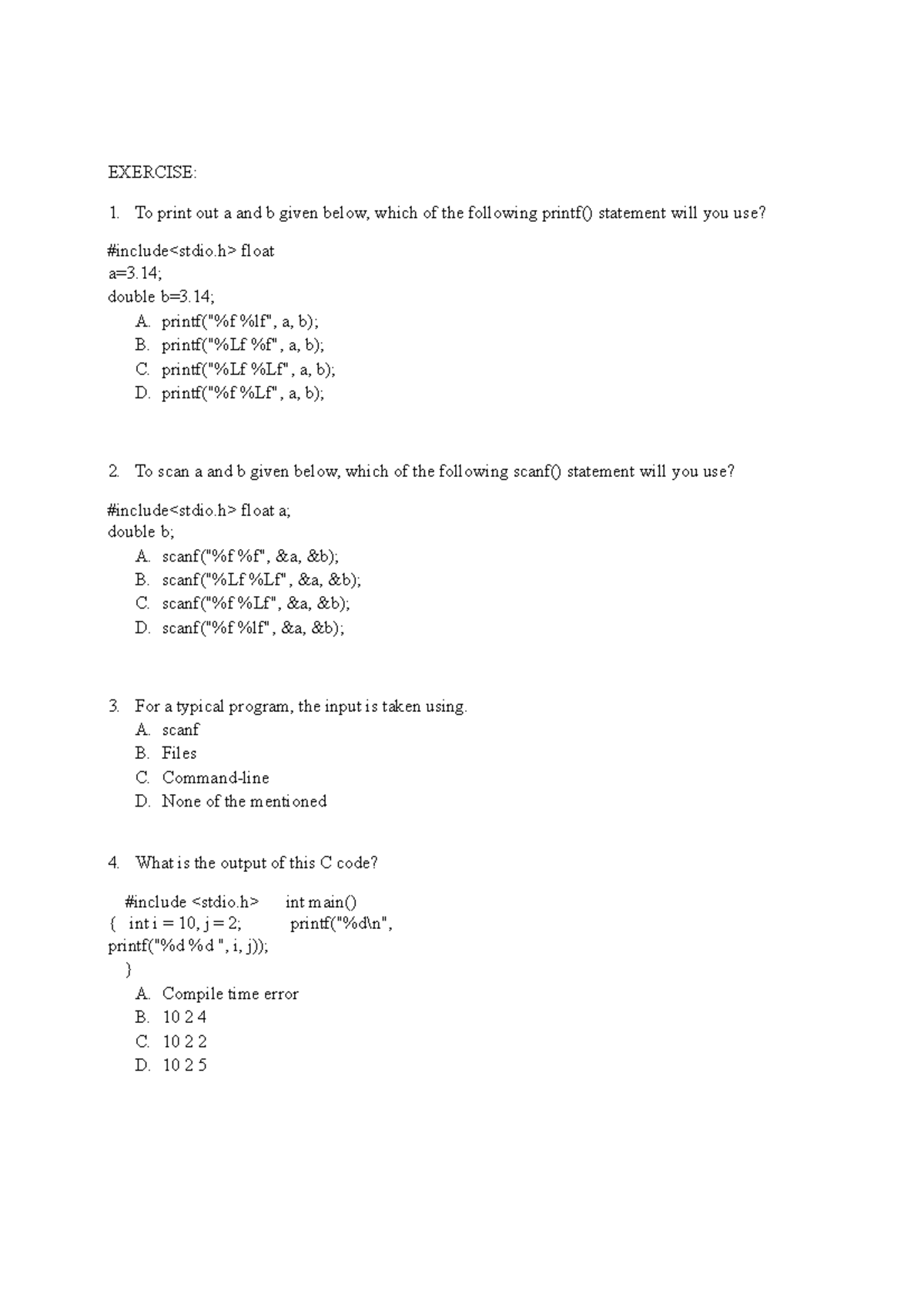 Exercise in c - BY ROHNI MAM - EXERCISE: To print out a and b given ...