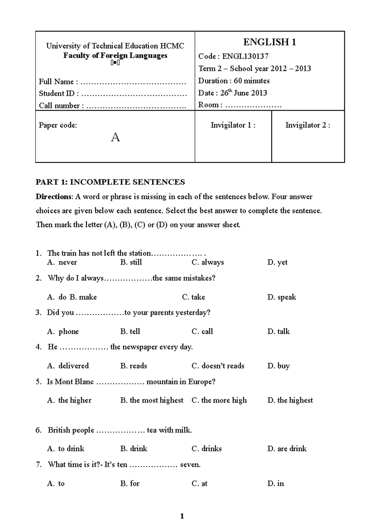 Test English 1- 2013 - kiểm tra giữ kỳ - University of Technical ...