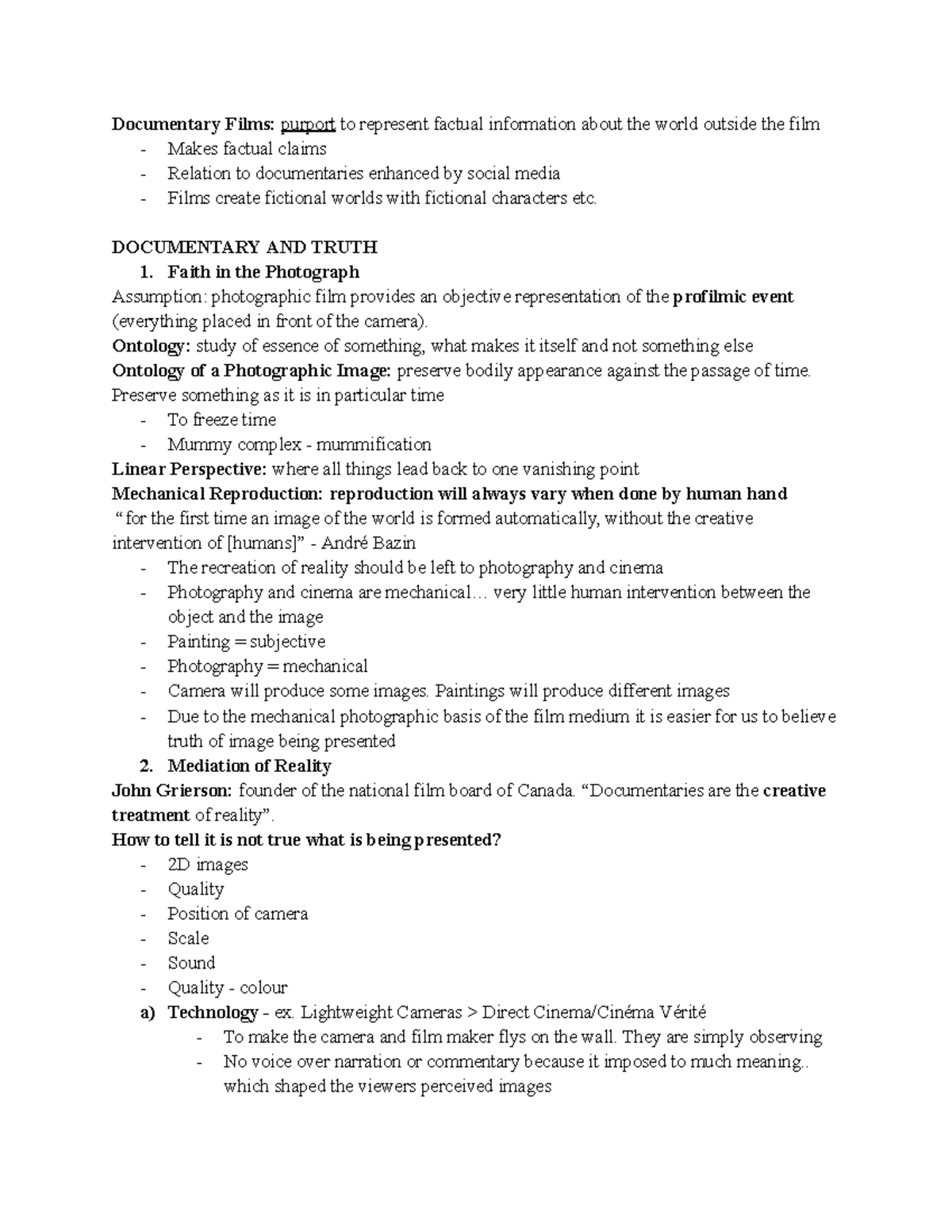 FS101 - Lecture 8 - Documentary Films: purport to represent factual ...