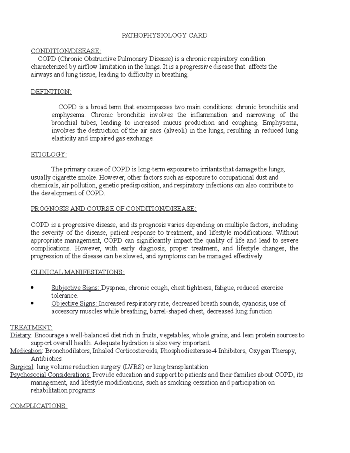 Patho COPD - PATHOPHYSIOLOGY CARD CONDITION/DISEASE: COPD (Chronic ...