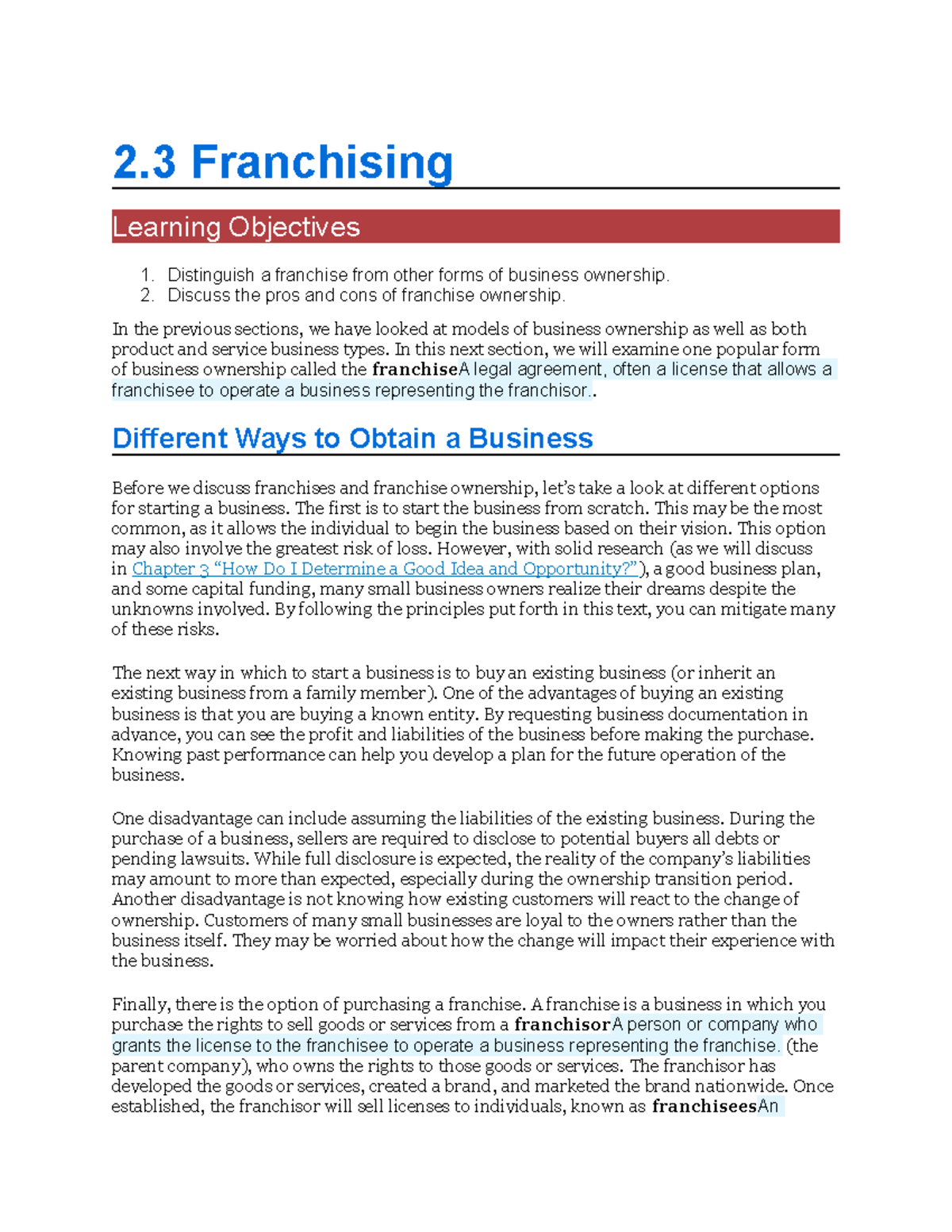2.3 Franchising - 2 Franchising Learning Objectives Distinguish a ...