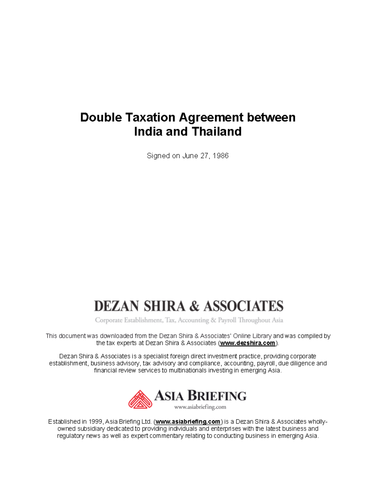 Asia DTA Thailand India - Double Taxation Agreement between India and ...