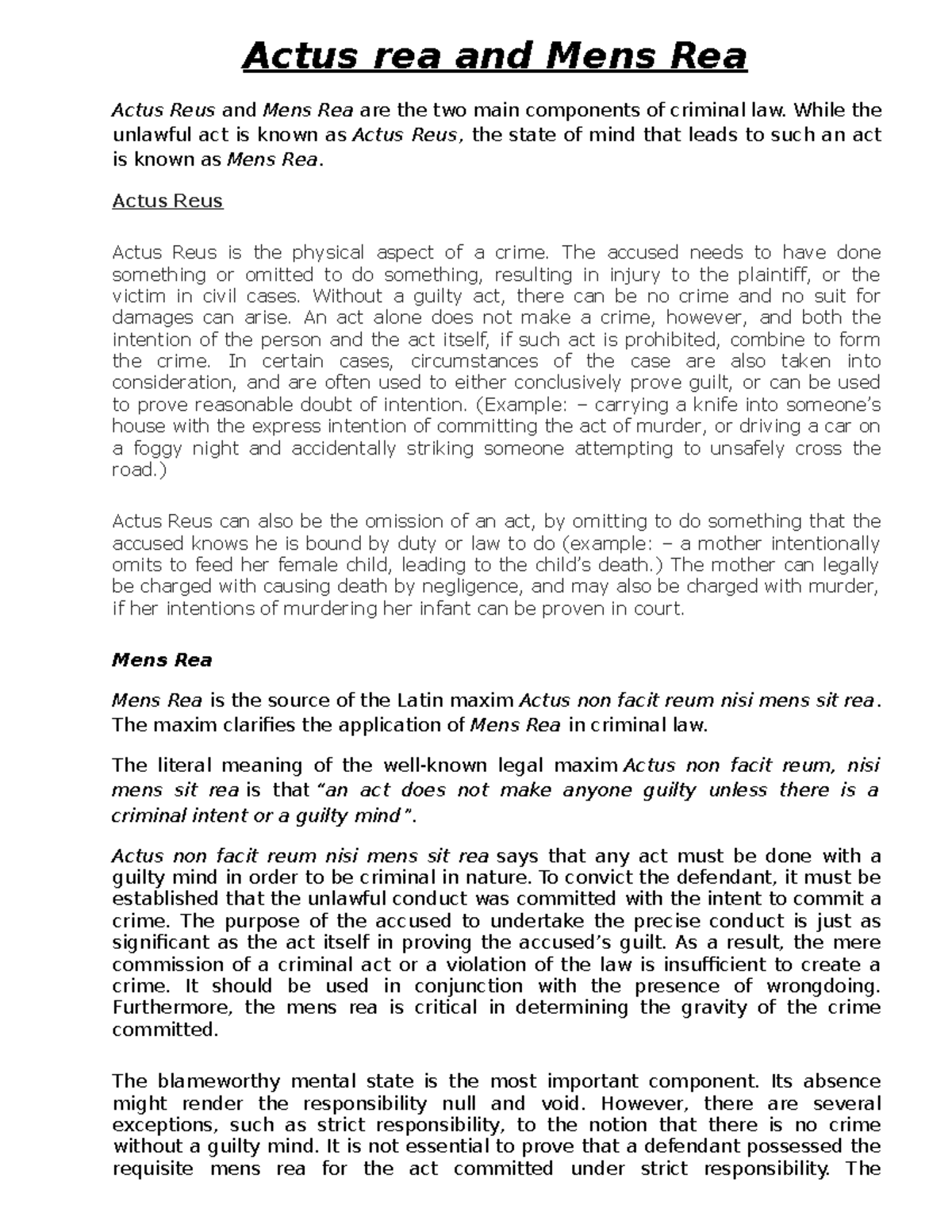 Actus rea and Mens Rea - LLB Notes - Actus rea and Mens Rea Actus Reus ...