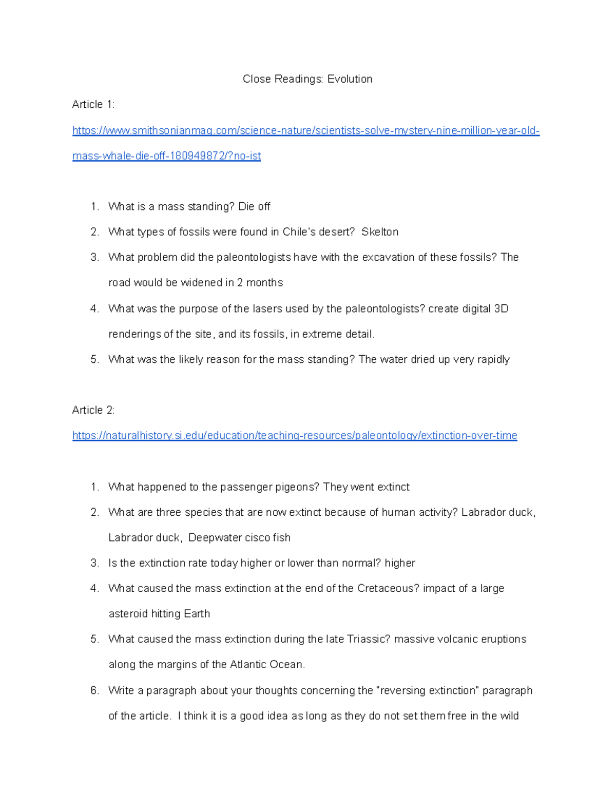 Close+Readings - Assignment that the teacher gave us in class - Close Readings: Evolution ...