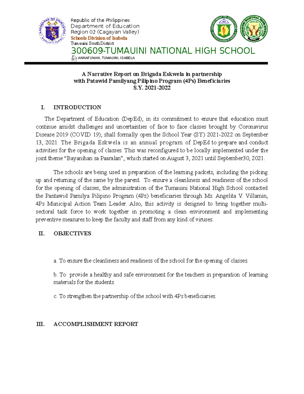 Narrative Report 4PS Brigada Final - Department of Education Region 02 ...