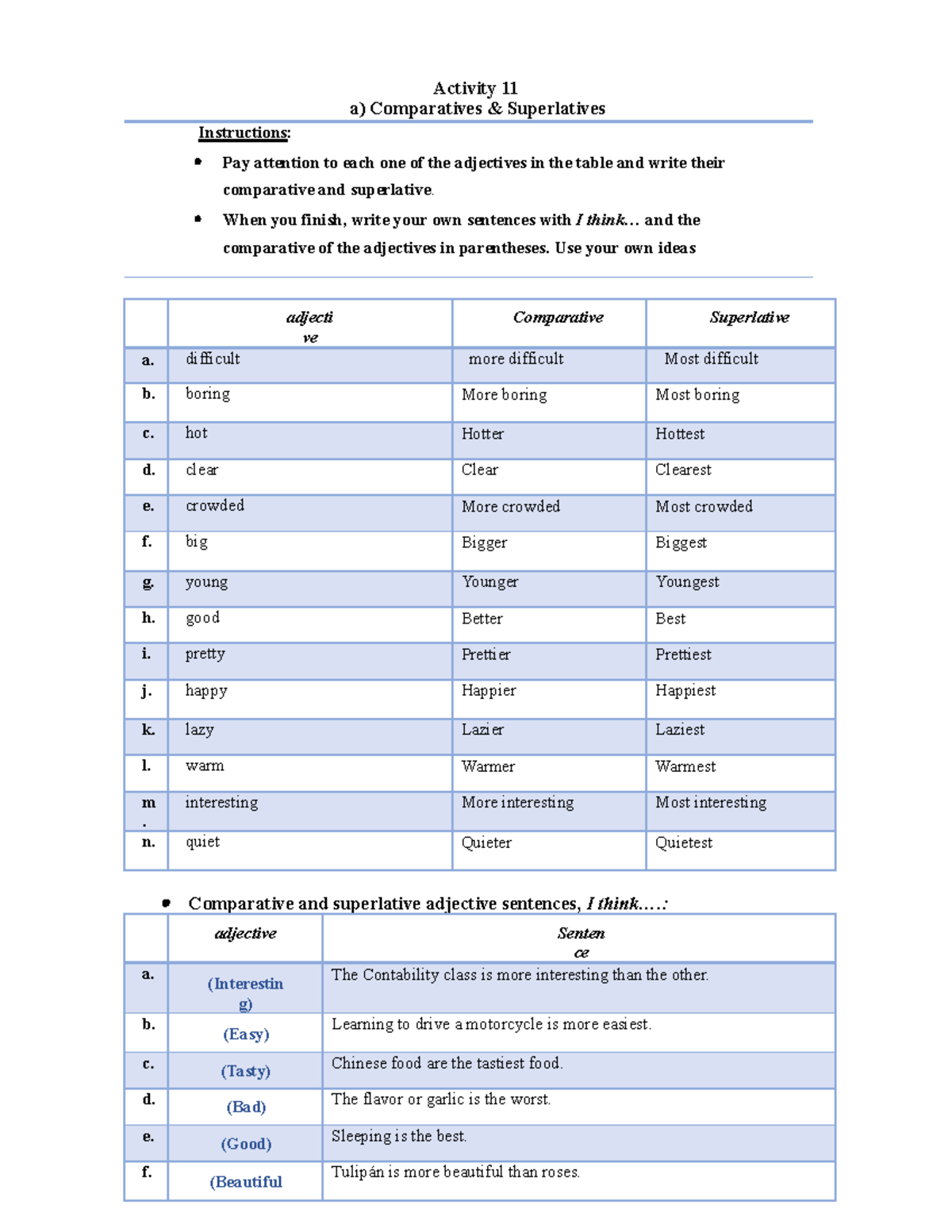 Copia de Activity 11 format 2 - Activity 11 a) Comparatives ...