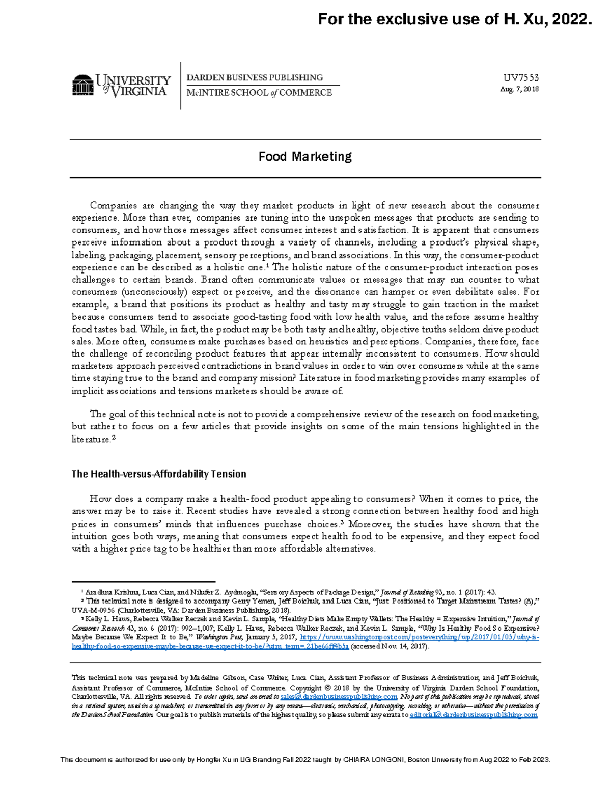 Food Marketing - Lecture preread notes - UV Aug. 7, 2018 Food Marketing ...