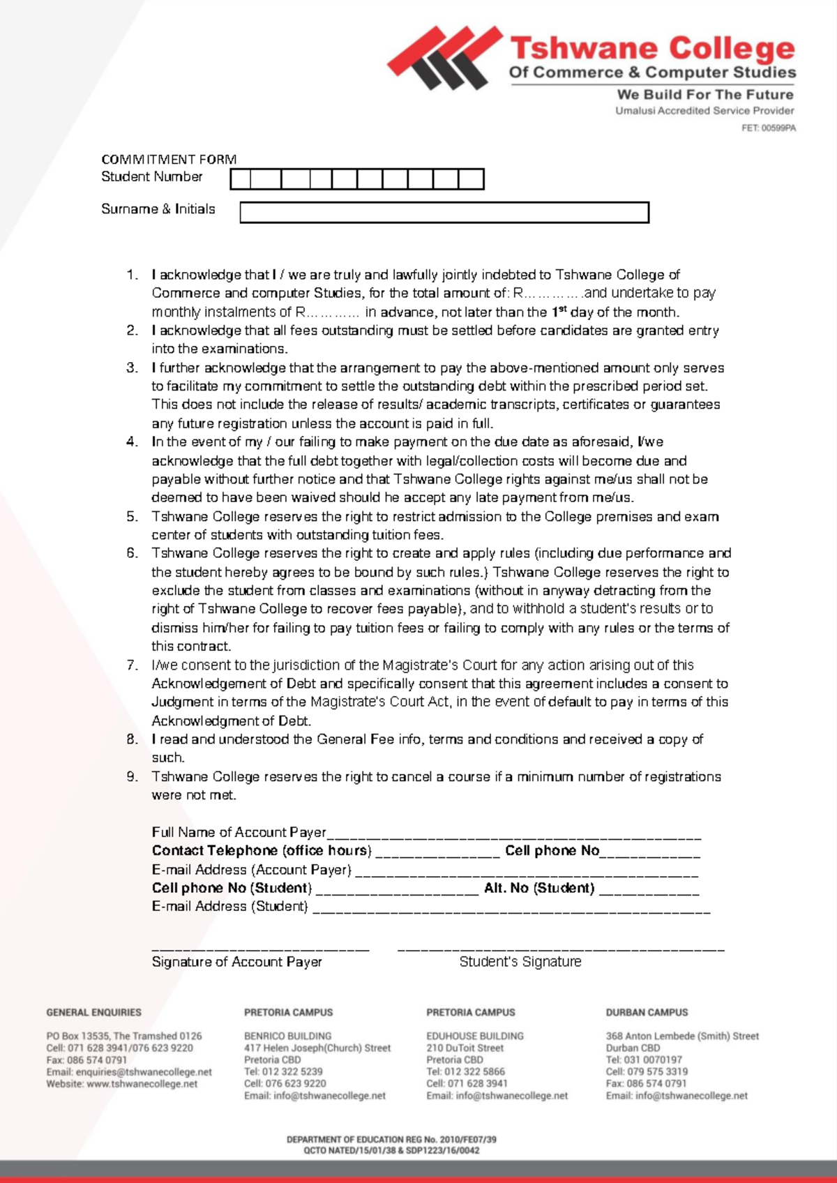 College Commitment Form - COMMITMENT FORM Student Number Surname ...