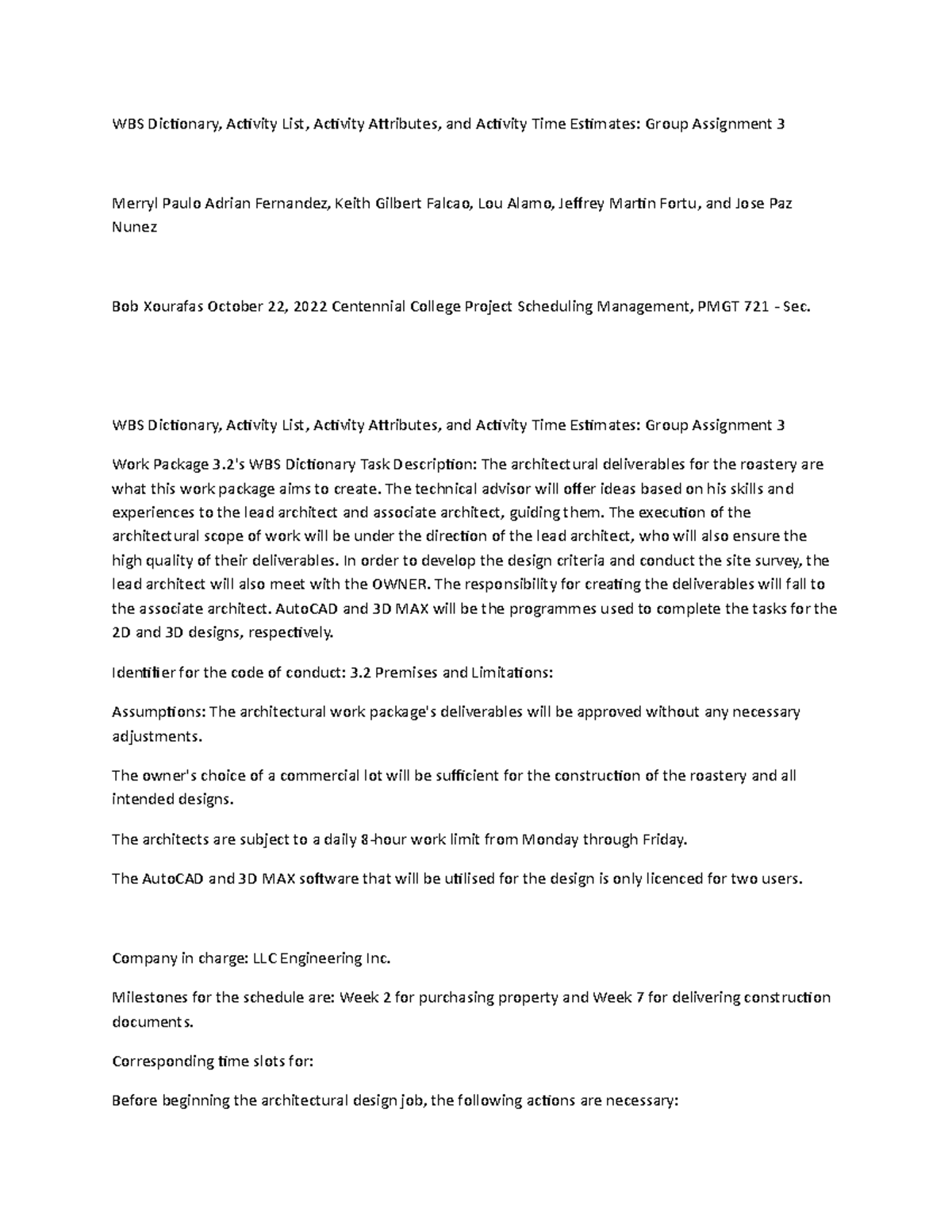 PMGT 721 Wbs Dictitonary - WBS Dictionary, Activity List, Activity ...