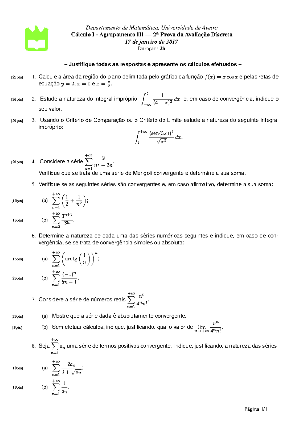 Exemplo Teste 2 Departamento De Matem ́atica Universidade De Aveiro