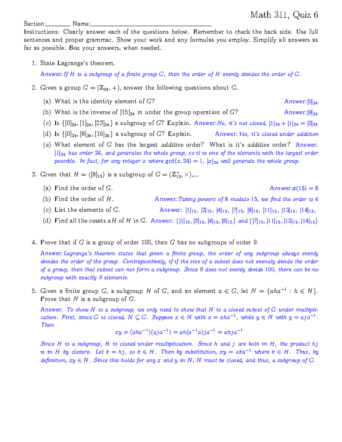 Quiz 11 answers - Math 311, Quiz 6 Section: Name: Instructions: Clearly ...