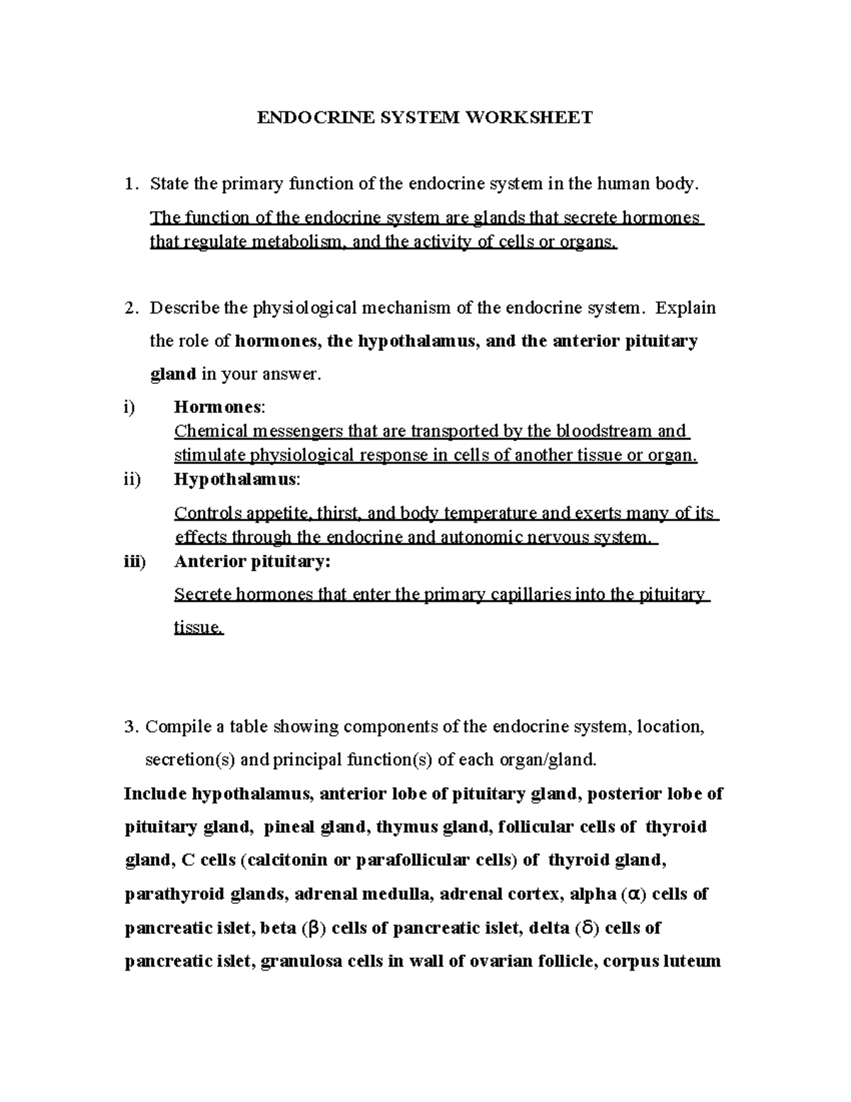 TRQ1 Endocrine - ENDOCRINE SYSTEM WORKSHEET State the primary function ...