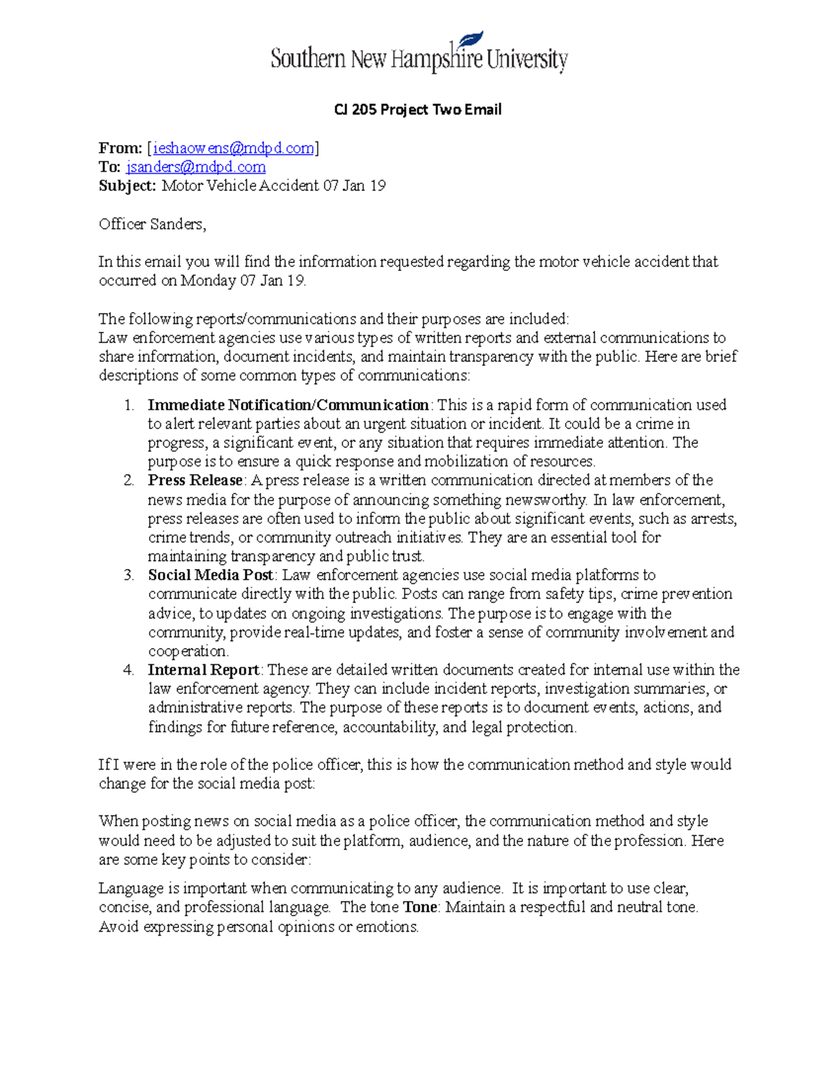 CJ 205 Project Two Email - CJ 205 Project Two Email From: [ieshaowens ...