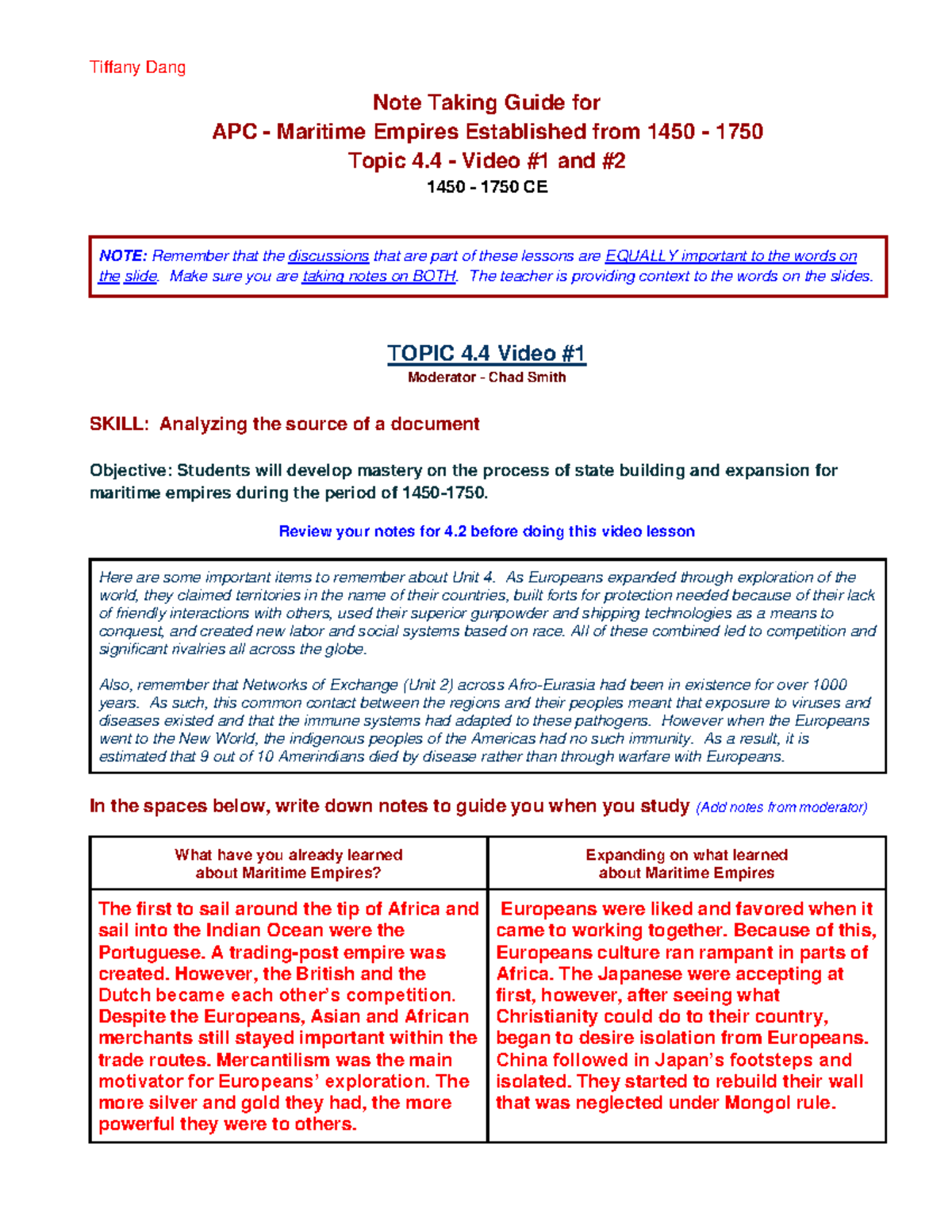 Note Taking Guide for APC Topic 4.4 - Maritime Empires Established 1450 ...