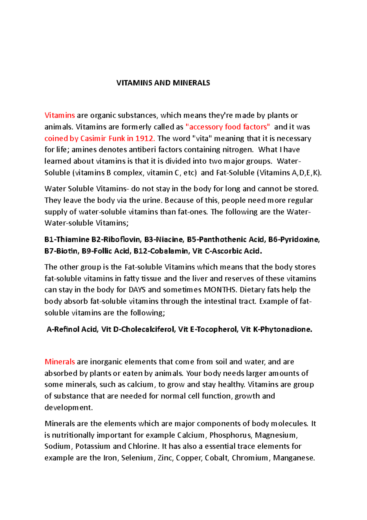 Bio Chemistry - Notes for vitamins and minerals and carbohydrates ...