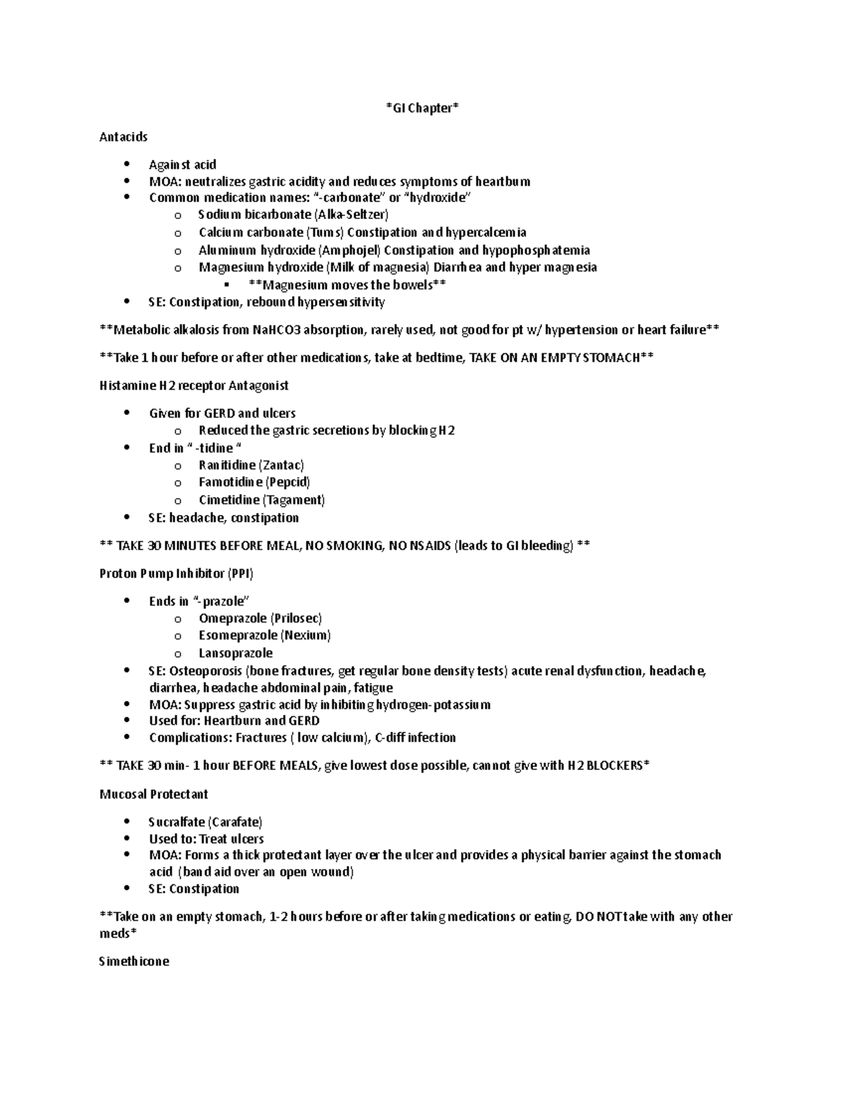 Pharm Exam 2 - Exam review - GI Chapter Antacids Against acid MOA ...