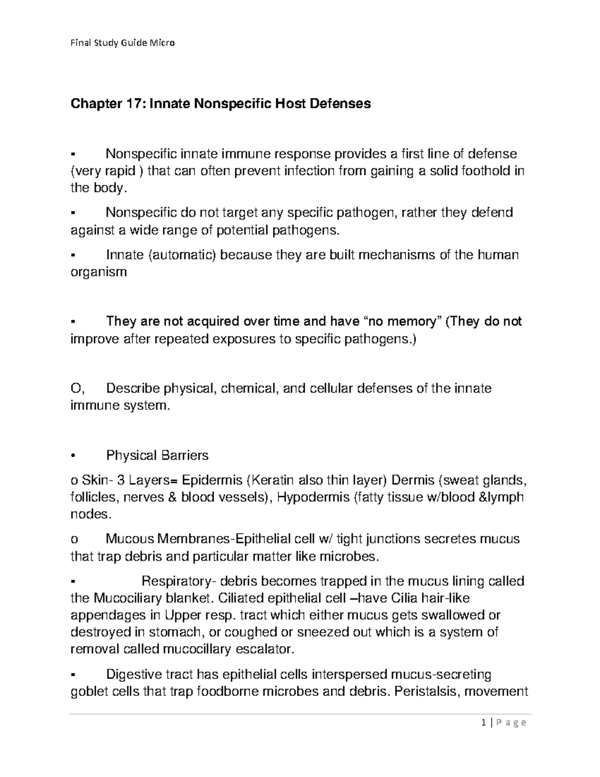 Chapter 17 Final Study Guide Micro - Chapter 17: Innate Nonspecific ...