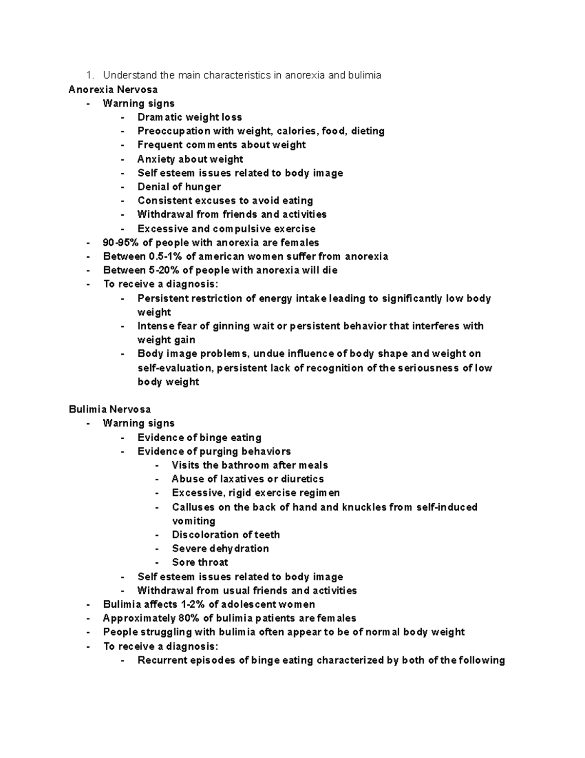 Exam 3 Study Guide - Understand the main characteristics in anorexia ...