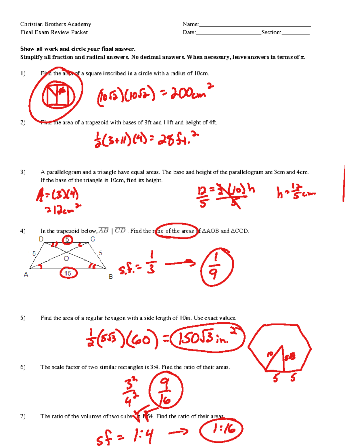 Honors+Geometry+Final+Review+Solutions - Christian Brothers Academy ...
