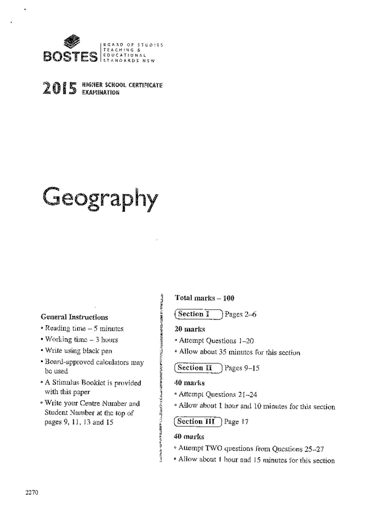 2015 HSC practice paper - BOARD OF STUDIES TEACHING BOSTES EDUCATIONAL ...