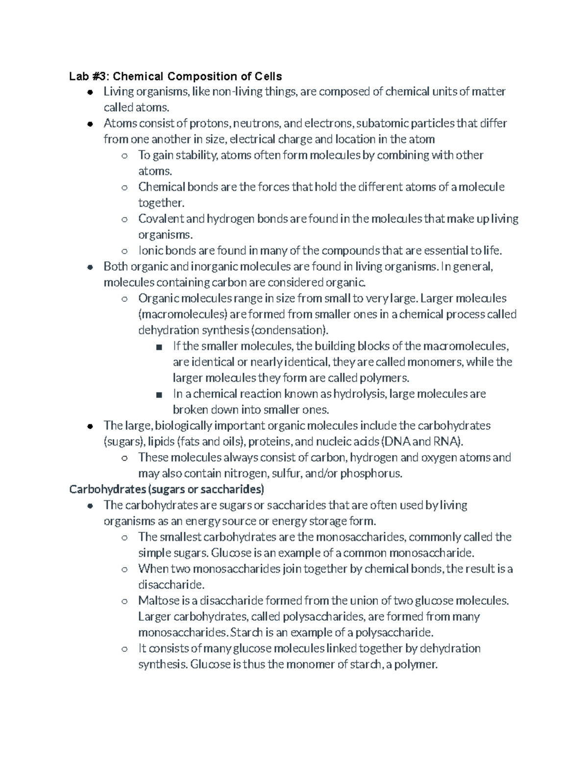 Lab #3 Chemical Composition of Cells - Lab #3: Chemical Composition of ...