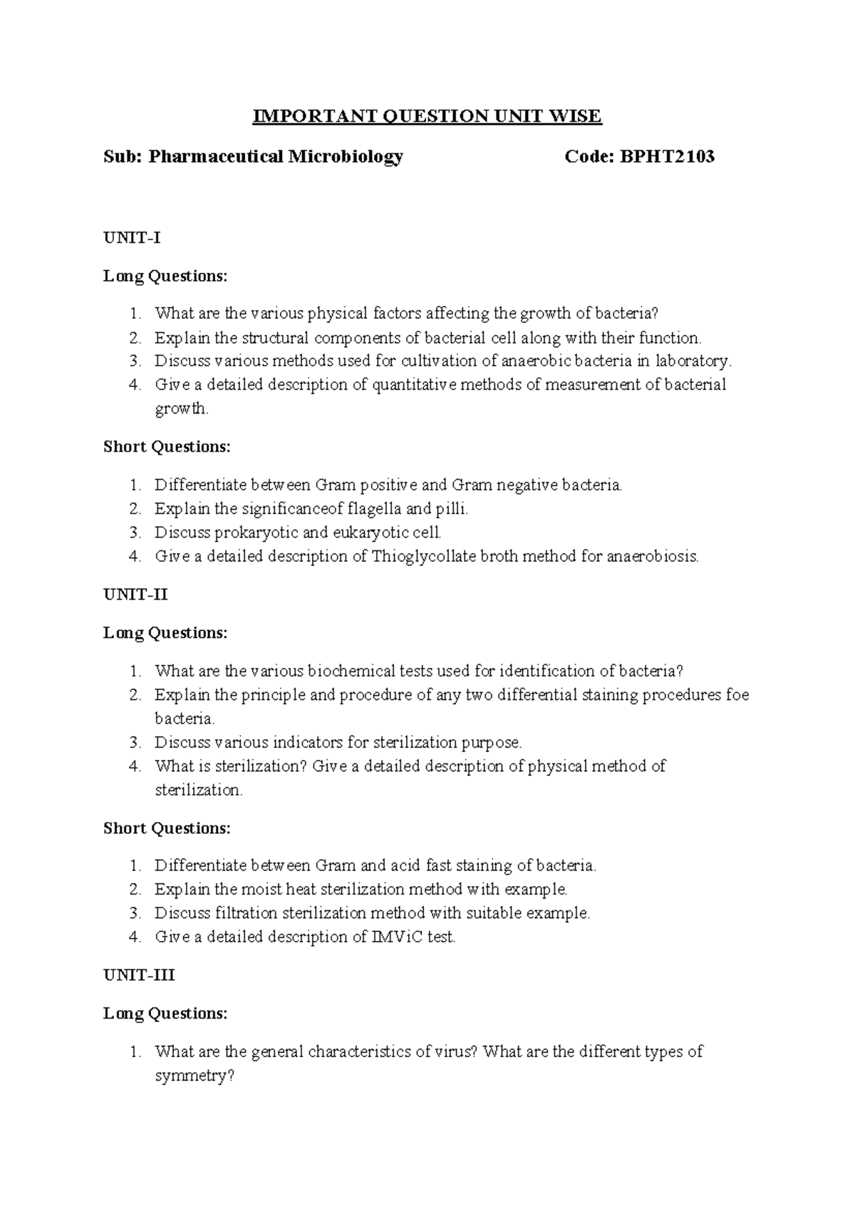 Microbiology Important Questions - IMPORTANT QUESTION UNIT WISE Sub ...