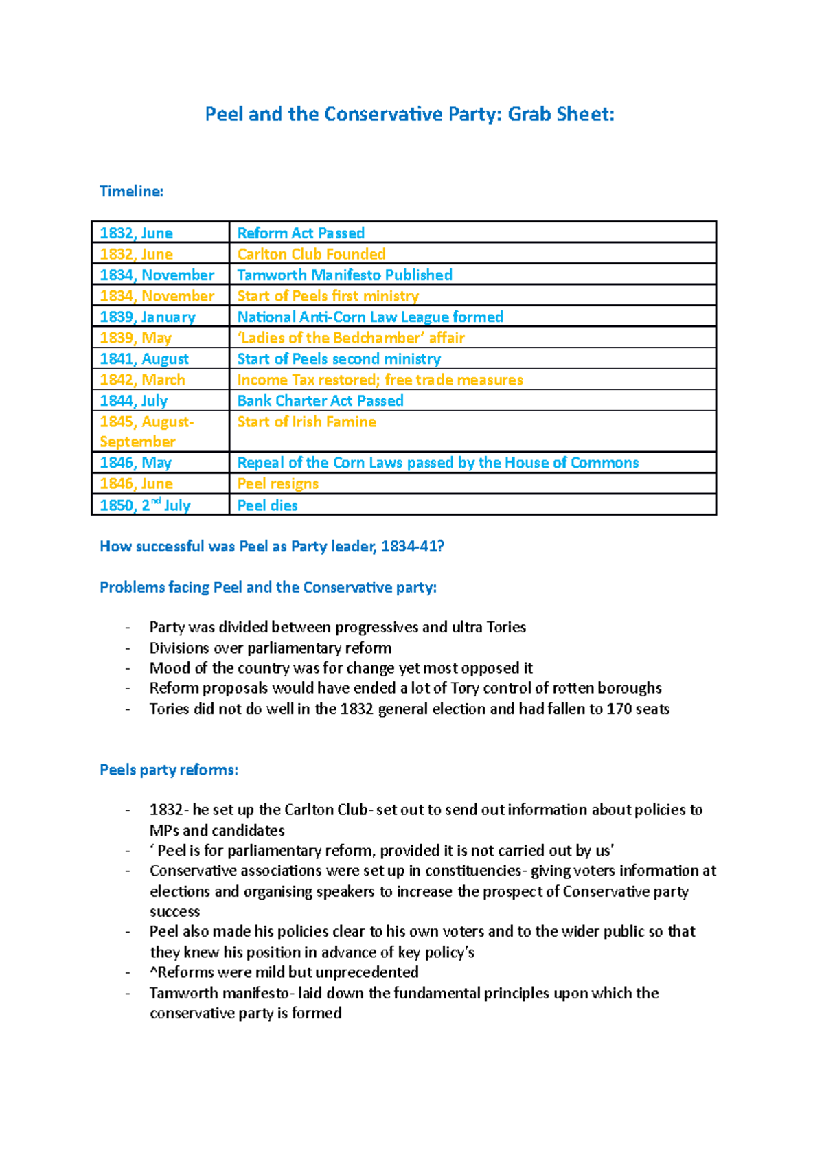 Peel and the Conservative Party- Grab Sheet- Peel and the Conservative ...