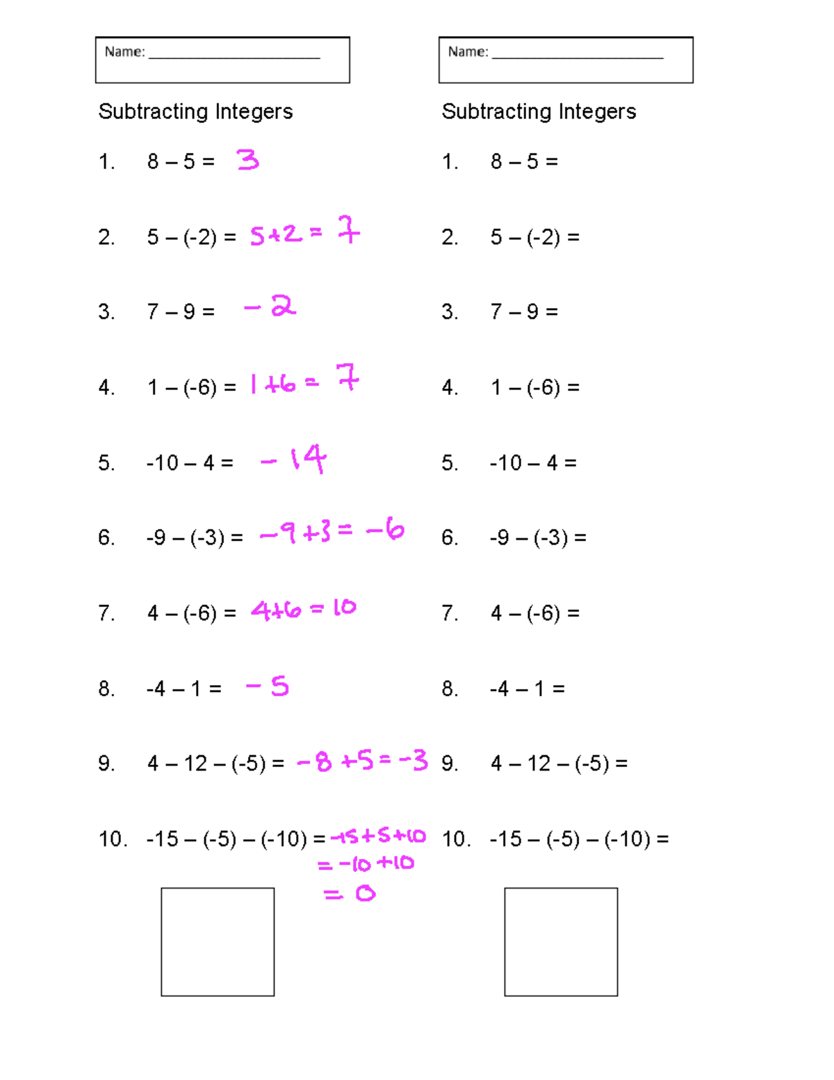 1.3.W- Subtracting Integers. Answers - Mathematics - Subtracting ...