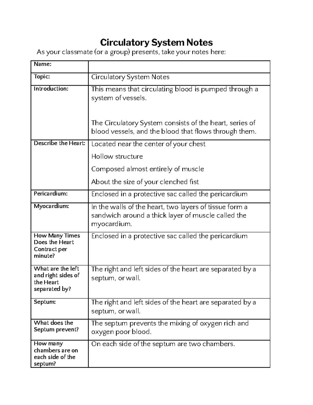The Circulatory System Notes (2) - Circulatory System Notes As your ...
