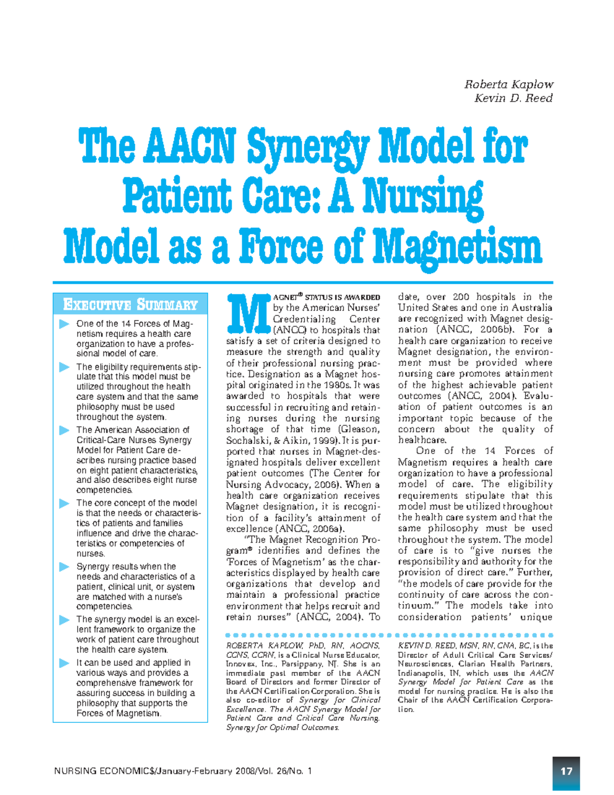 The AACN Synergy Model for Pat - M AGNET® STATUS IS AWARDED by the ...