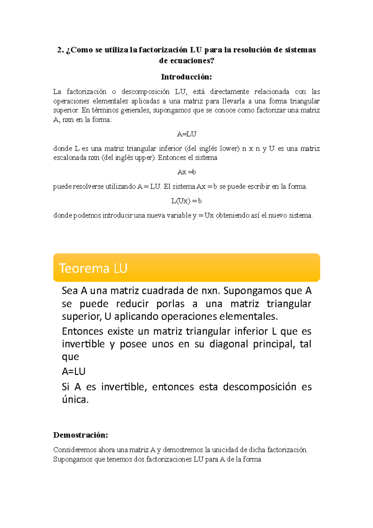 2. ¿Como se utiliza la factorización LU para la resolución de sistemas de ecuaciones - 2. ¿Como ...
