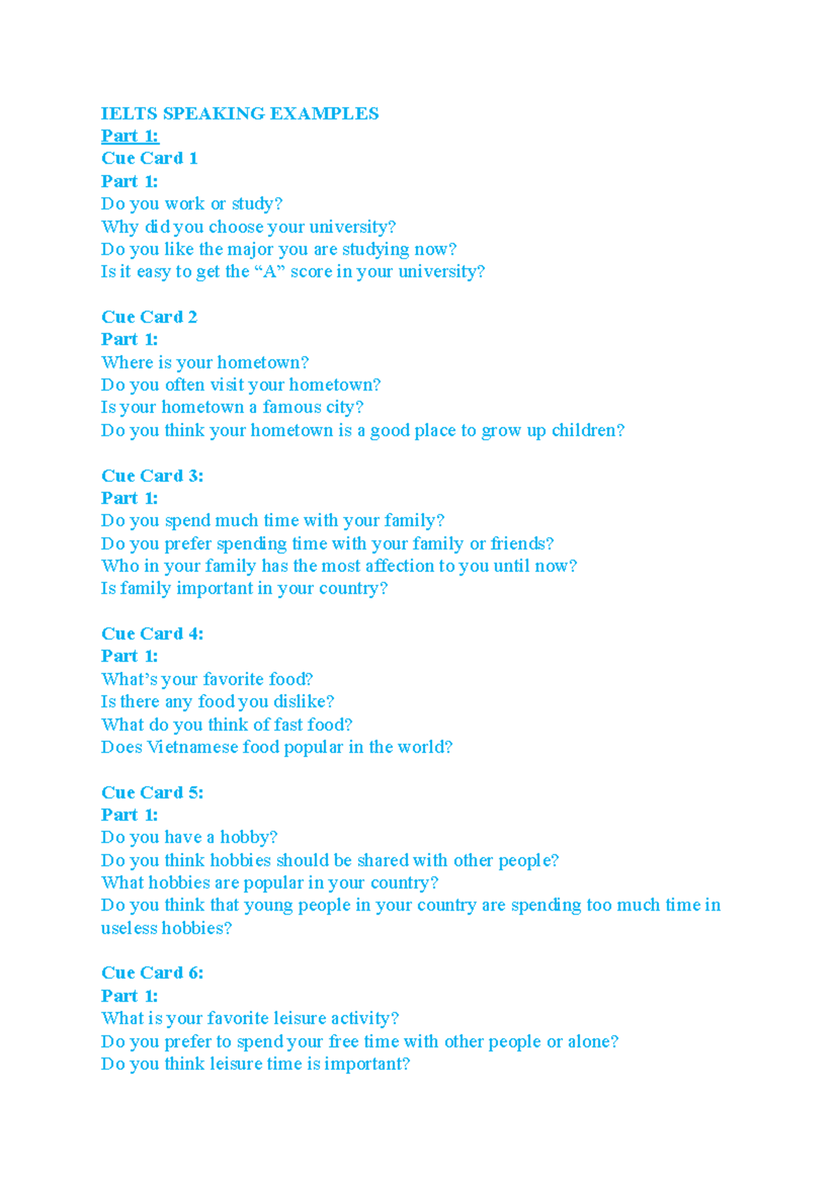 Ielts Speaking Examples - IELTS SPEAKING EXAMPLES Part 1: Cue Card 1 ...