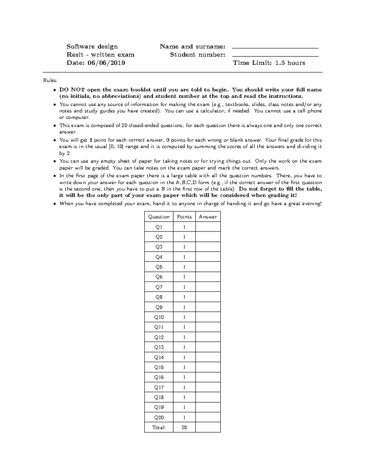 Resit 2018 2019 - asdasd - Software design Name and surname: Resit ...
