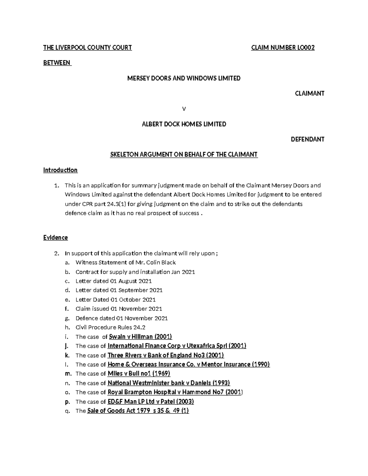 Dispute Resolution Skeleton Exam - THE LIVERPOOL COUNTY COURT CLAIM ...