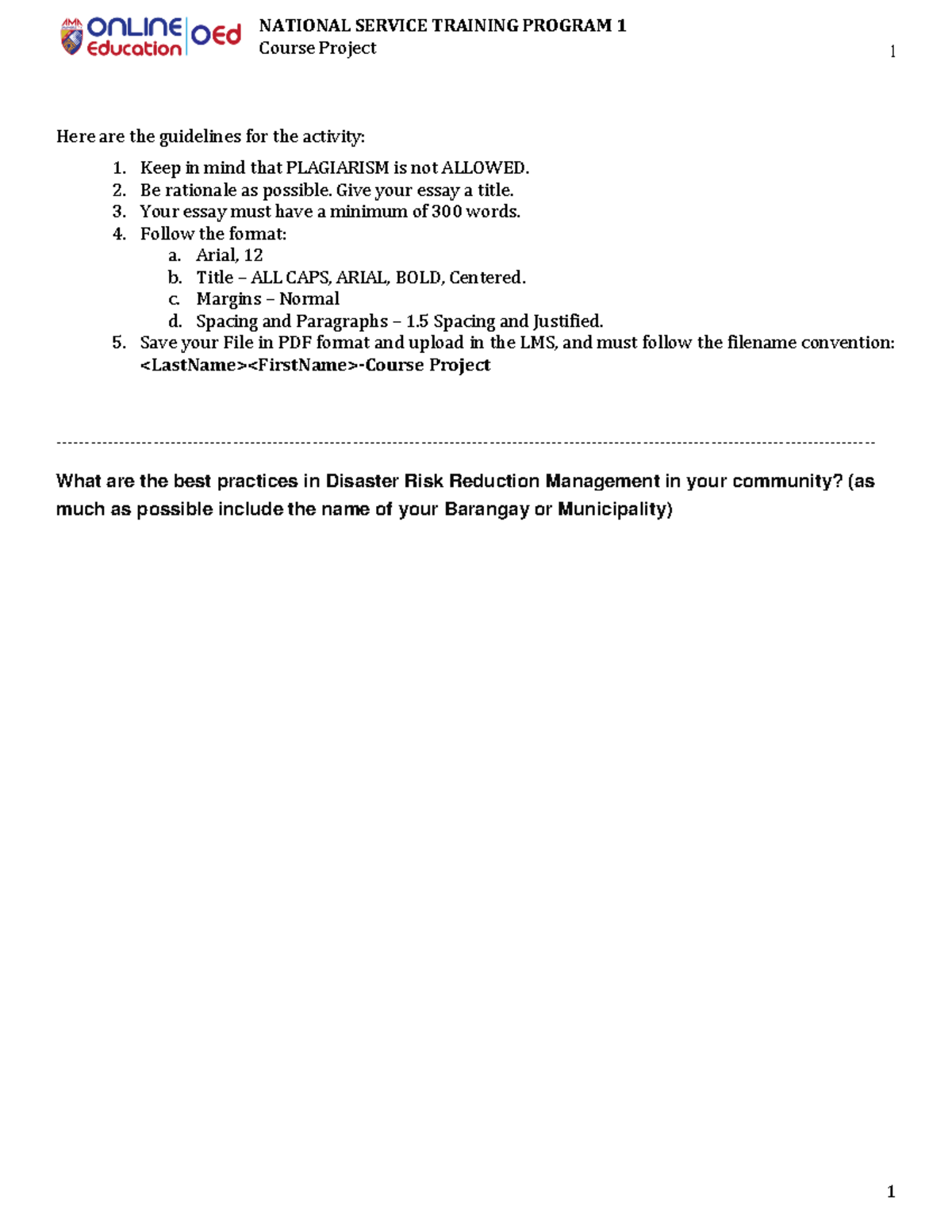 03302021 NSTP1 course project - 1 1 NATIONAL SERVICE TRAINING PROGRAM 1 ...