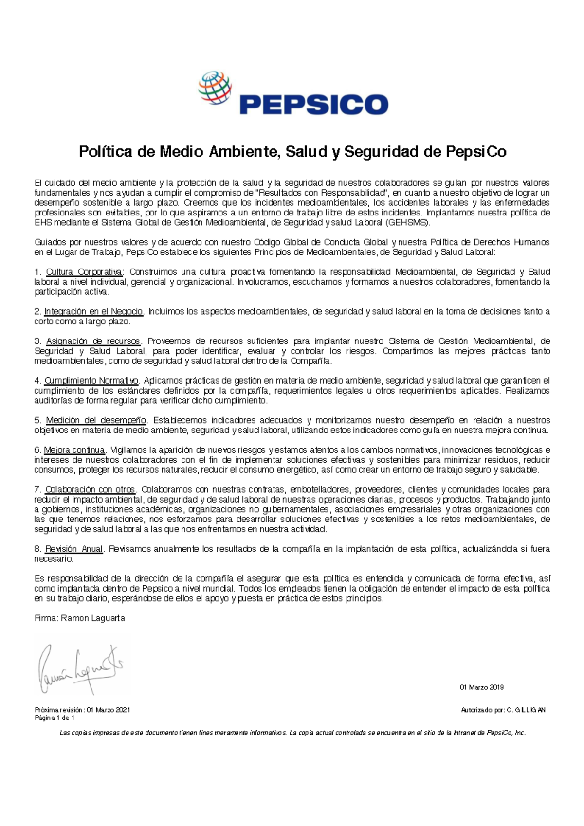 G pehs politica ehs pepsico esp - Política de Medio Ambiente, Salud y ...